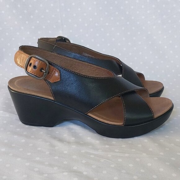 Dansko | Shoes | Dansko Jacinda Black And Tan Leather Wedge Sandals ...